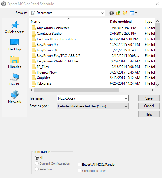 Exporting an MCC or Panel Schedule